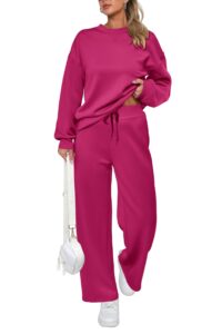 prettygarden women two piece sweatsuits 2024 long sleeve pullover tops wide leg pants sets matching sweat outfits (rose red,large)