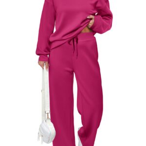 PRETTYGARDEN Women Two Piece Sweatsuits 2024 Long Sleeve Pullover Tops Wide Leg Pants Sets Matching Sweat Outfits (Rose Red,Large)