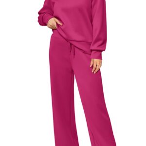 PRETTYGARDEN Women Two Piece Sweatsuits 2024 Long Sleeve Pullover Tops Wide Leg Pants Sets Matching Sweat Outfits (Rose Red,Large)