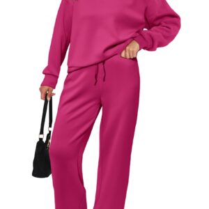 PRETTYGARDEN Women Two Piece Sweatsuits 2024 Long Sleeve Pullover Tops Wide Leg Pants Sets Matching Sweat Outfits (Rose Red,Large)