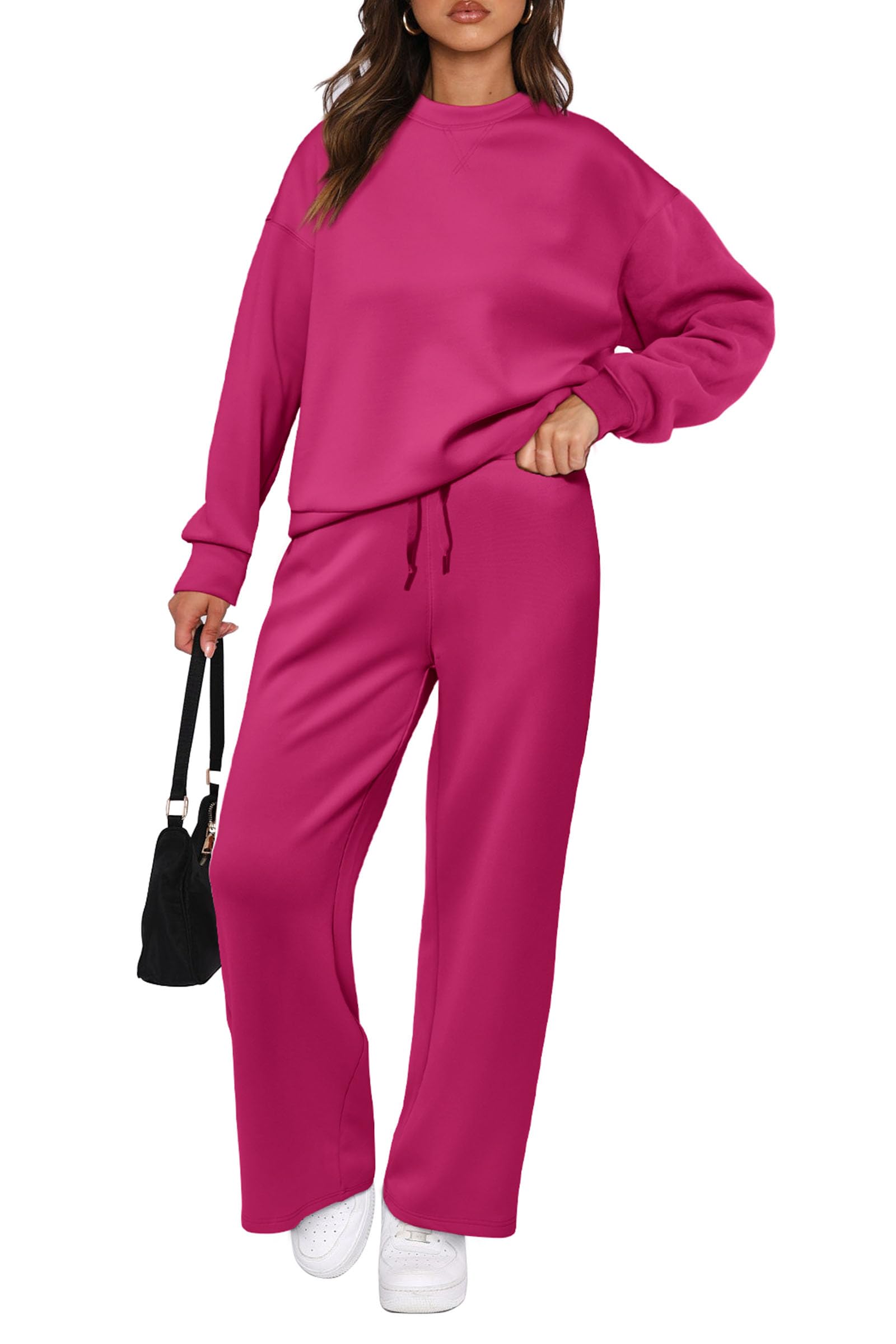 PRETTYGARDEN Women Two Piece Sweatsuits 2024 Long Sleeve Pullover Tops Wide Leg Pants Sets Matching Sweat Outfits (Rose Red,Large)