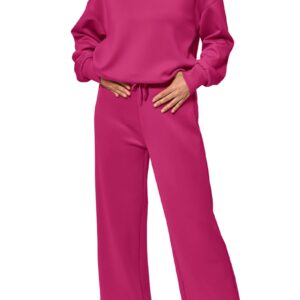 PRETTYGARDEN Women Two Piece Sweatsuits 2024 Long Sleeve Pullover Tops Wide Leg Pants Sets Matching Sweat Outfits (Rose Red,Large)