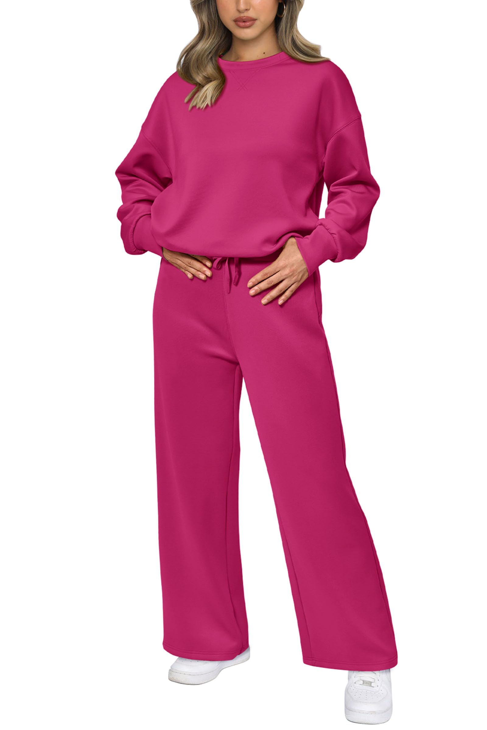 PRETTYGARDEN Women Two Piece Sweatsuits 2024 Long Sleeve Pullover Tops Wide Leg Pants Sets Matching Sweat Outfits (Rose Red,Large)