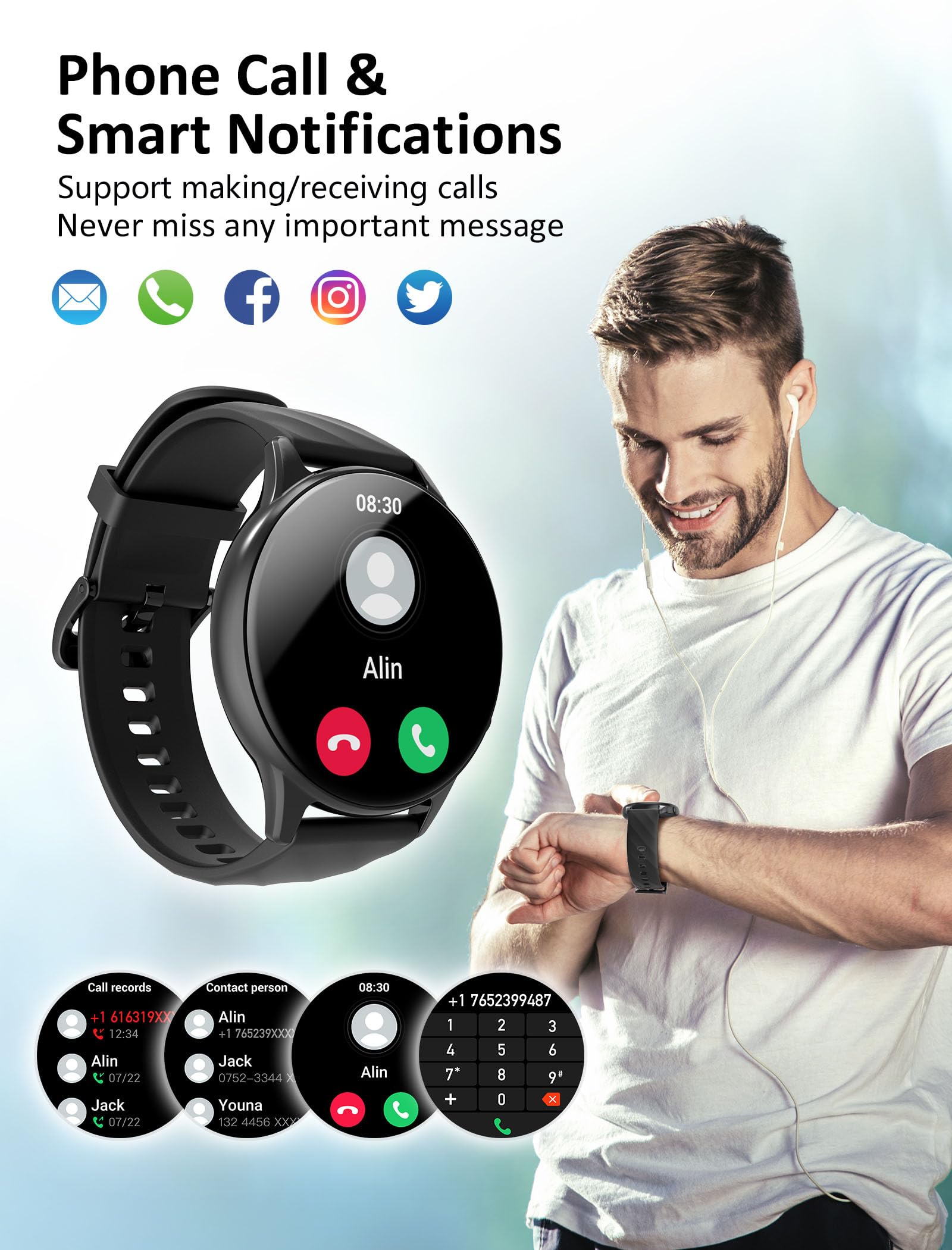 Kumi Smart Watch for Men Women, 1.39" Smartwatch for Android & iOS, Answer/Make Call, Voice Assistant, IP68 Waterproof Fitness Activity Tracker, 100+ Sport Modes, Heart Rate and Sleep Monitor, Black