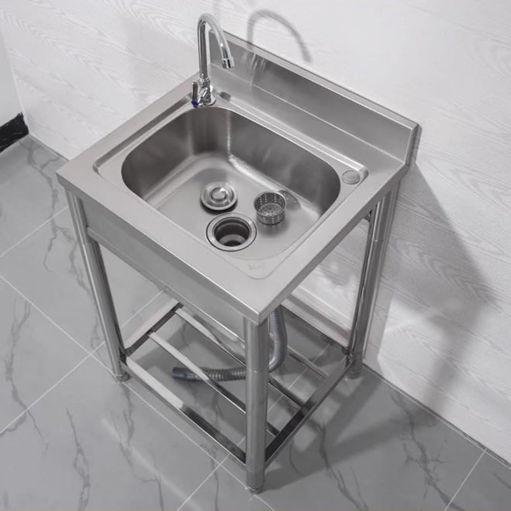 HCZION Free Standing Sink Kitchen Utility Sink Commercial Restaurant Sink Kitchen Prep & Utility Sink Stainless Steel Outdoor Sink W/Faucet & Drainboard (Color : Cold+Hot)