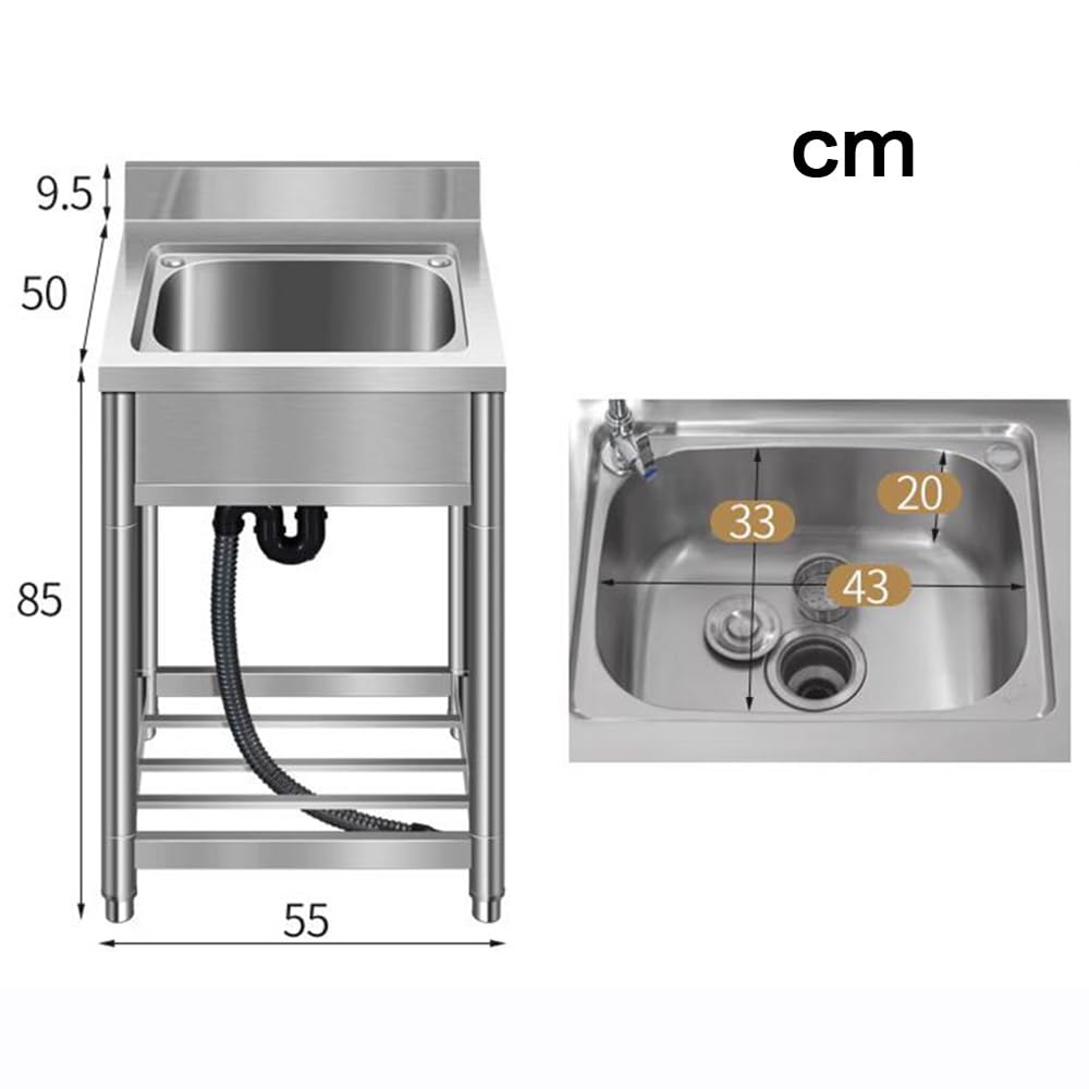 HCZION Free Standing Sink Kitchen Utility Sink Commercial Restaurant Sink Kitchen Prep & Utility Sink Stainless Steel Outdoor Sink W/Faucet & Drainboard (Color : Cold+Hot)