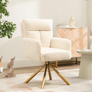 nordicana 180° swivel sherpa living room chair modern armchair with golden legs ergonomic upholstered accent chair no wheels for bedroom reading home office, off white