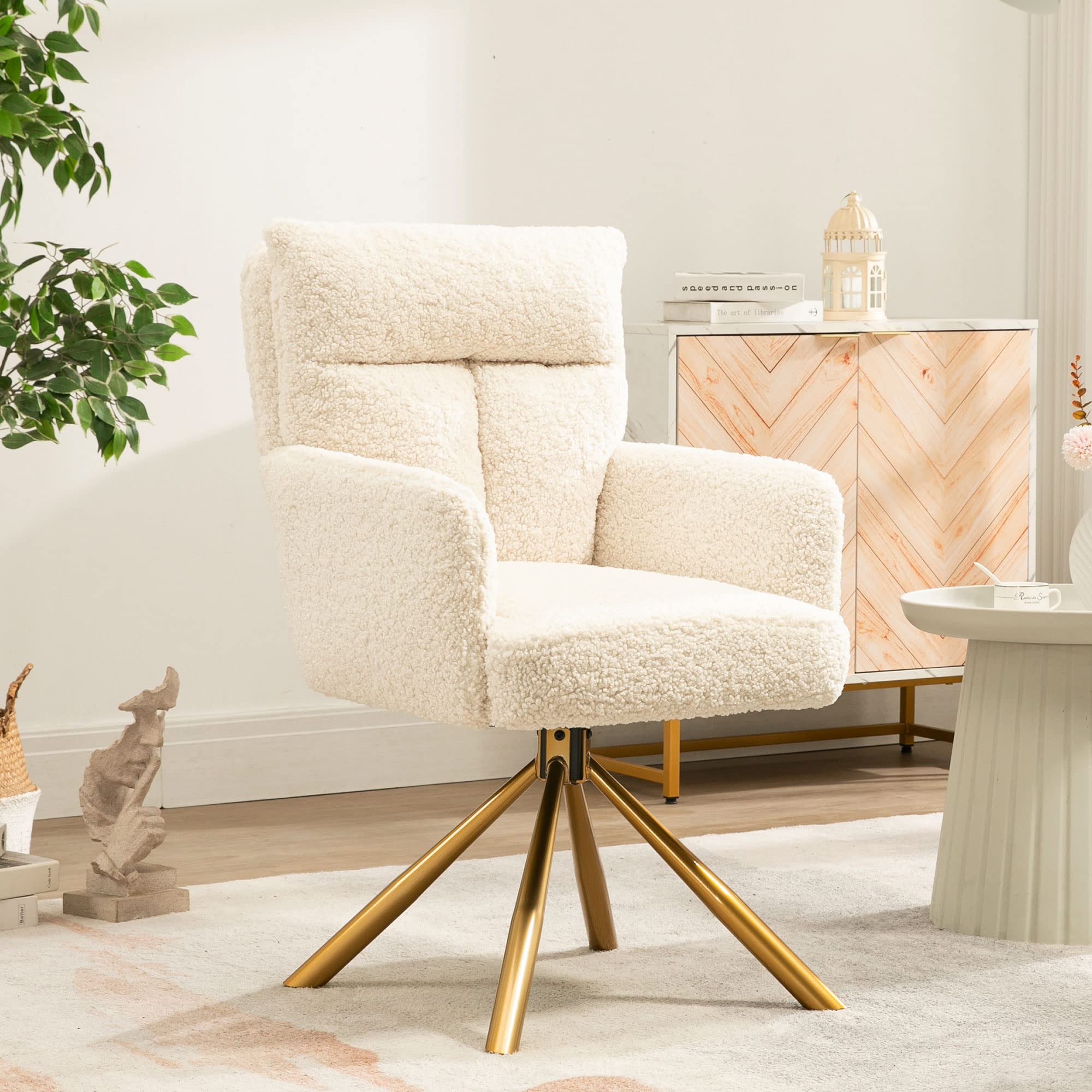 NORDICANA 180° Swivel Sherpa Living Room Chair Modern Armchair with Golden Legs Ergonomic Upholstered Accent Chair No Wheels for Bedroom Reading Home Office, Off White