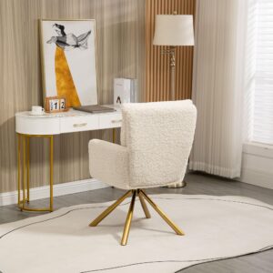 NORDICANA 180° Swivel Sherpa Living Room Chair Modern Armchair with Golden Legs Ergonomic Upholstered Accent Chair No Wheels for Bedroom Reading Home Office, Off White