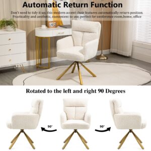 NORDICANA 180° Swivel Sherpa Living Room Chair Modern Armchair with Golden Legs Ergonomic Upholstered Accent Chair No Wheels for Bedroom Reading Home Office, Off White