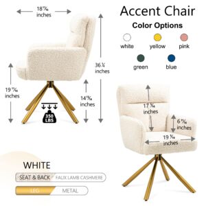 NORDICANA 180° Swivel Sherpa Living Room Chair Modern Armchair with Golden Legs Ergonomic Upholstered Accent Chair No Wheels for Bedroom Reading Home Office, Off White