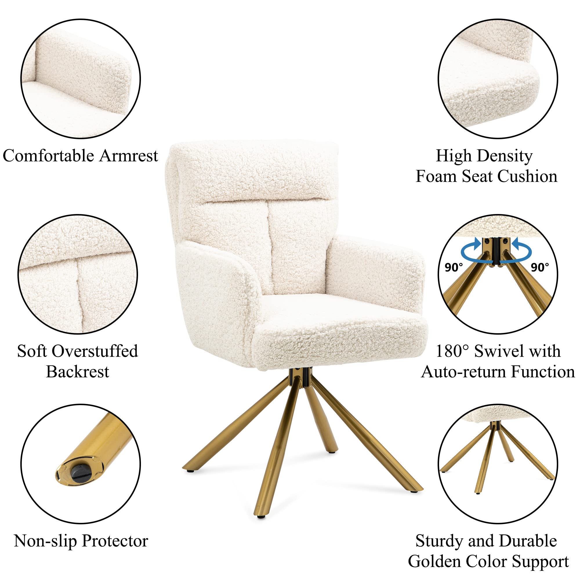 NORDICANA 180° Swivel Sherpa Living Room Chair Modern Armchair with Golden Legs Ergonomic Upholstered Accent Chair No Wheels for Bedroom Reading Home Office, Off White