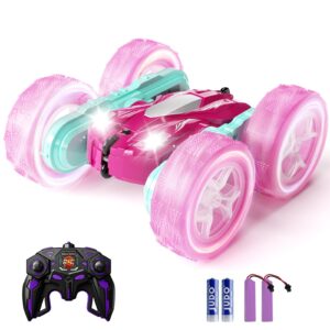 28℃ remote control car for boys, drift high speed rc cars, 4wd 2.4ghz rechargeable rc truck with double sided 360 flips and headlights wheel lights, off-road stunt toy car for kids boy girls pink