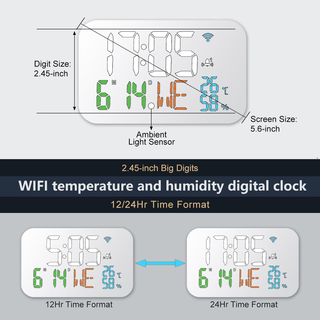 JXJHOVV Alarm Clocks for Bedrooms,Digital Clock, Alarm Clock with Temperature Humidity,Calendar,Week,Accurate time,Snooze,12/24 H,Small digital clock,Office decor,4 Level of Brightness, Orange