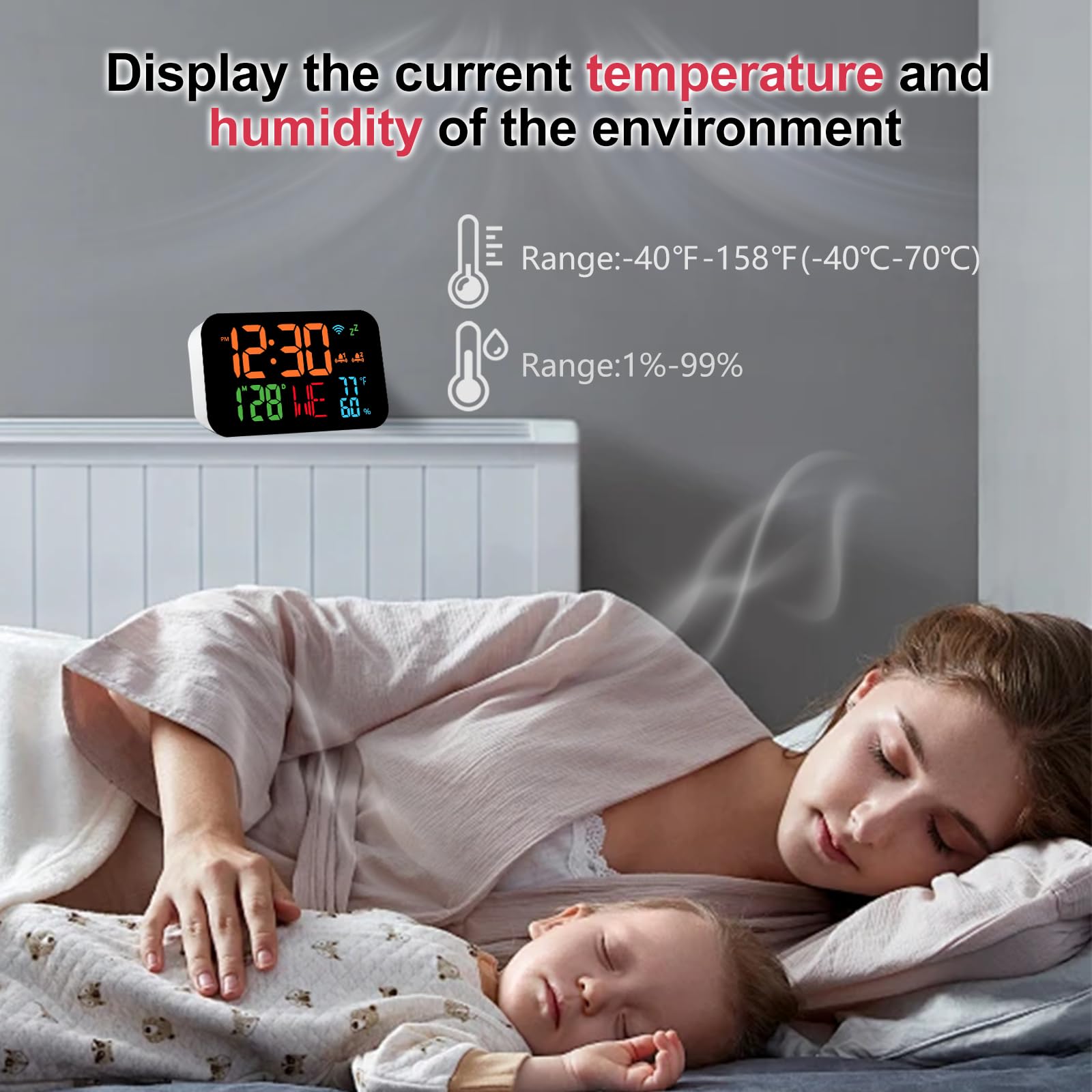 JXJHOVV Alarm Clocks for Bedrooms,Digital Clock, Alarm Clock with Temperature Humidity,Calendar,Week,Accurate time,Snooze,12/24 H,Small digital clock,Office decor,4 Level of Brightness, Orange