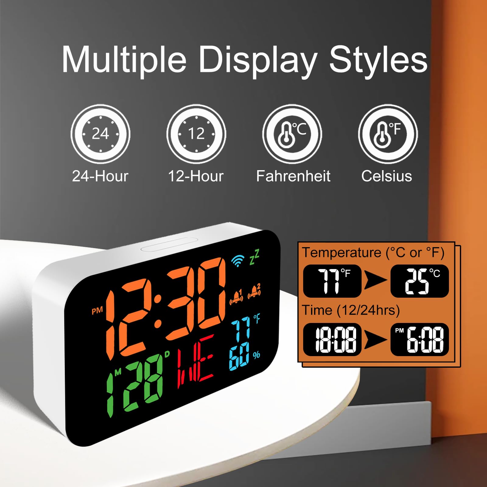 JXJHOVV Alarm Clocks for Bedrooms,Digital Clock, Alarm Clock with Temperature Humidity,Calendar,Week,Accurate time,Snooze,12/24 H,Small digital clock,Office decor,4 Level of Brightness, Orange