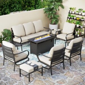 phi villa 8 pcs patio furniture set with 1 x 45 firepit table, 1 x 72 sofa bench, 4 x armrest sofa chairs and 2 x metal cushioned ottoman