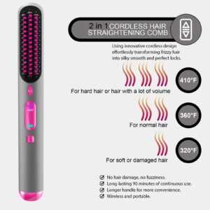 Meog Lileis Hair Straightening Brush, Cordless Hair Iron with 9000mAh Battery, Ionic Mini Hair Straightening Comb, 3 Temperature Adjustments, Ceramic Heater, USB-C, 10in, 590g