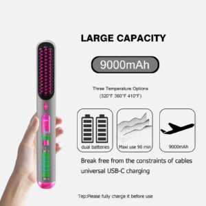 Meog Lileis Hair Straightening Brush, Cordless Hair Iron with 9000mAh Battery, Ionic Mini Hair Straightening Comb, 3 Temperature Adjustments, Ceramic Heater, USB-C, 10in, 590g