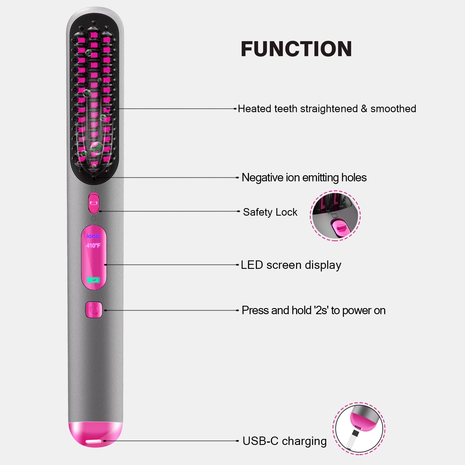 Meog Lileis Hair Straightening Brush, Cordless Hair Iron with 9000mAh Battery, Ionic Mini Hair Straightening Comb, 3 Temperature Adjustments, Ceramic Heater, USB-C, 10in, 590g