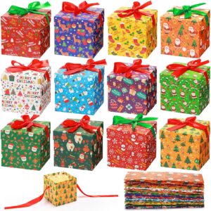 cholemy 36 pieces christmas gift boxes with lids small squared boxes with ribbon xmas 4x4x4 boxes holiday bow box gift wrap boxes for christmas party favor present packaging, 12 designs