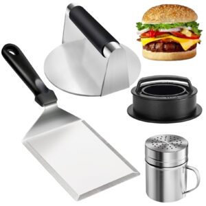 4PCS Grill Accessories for Blackstone, Stainless Steel Smash Burger Press Kit, Include Griddle Spatula, Bacon Press, Spice Dredge Shaker and Hamburger Press Patty Maker for Flat Top Cooking