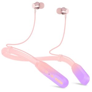 lecefty neckband bluetooth headphones, 200h extra long playtime wireless stereo neckband earbuds with microphone, waterproof balanced armature drivers in ear headset for sports/workout (pink-purple)