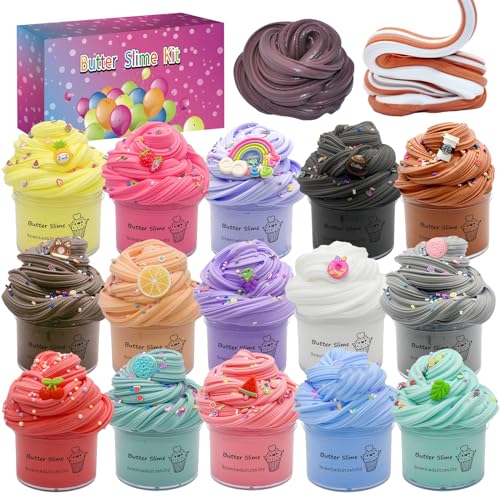 15 Pack Butter Slime Kit, with Mint Slime, Watermelon Coffee Lemon Rainbow and Cake Super Soft & Non-Sticky, Birthday Gifts for Girls Boys