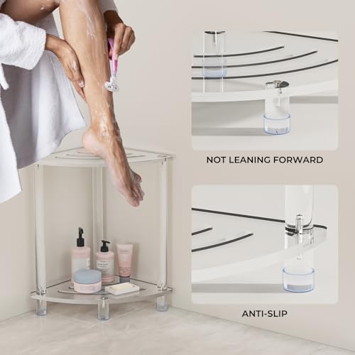 Sumerflos Acrylic Corner Shower Stool for Inside Shower - Clear Small Shower Bench for Shaving Legs Seating Waterproof Heavy Duty Easy Assemble Modern