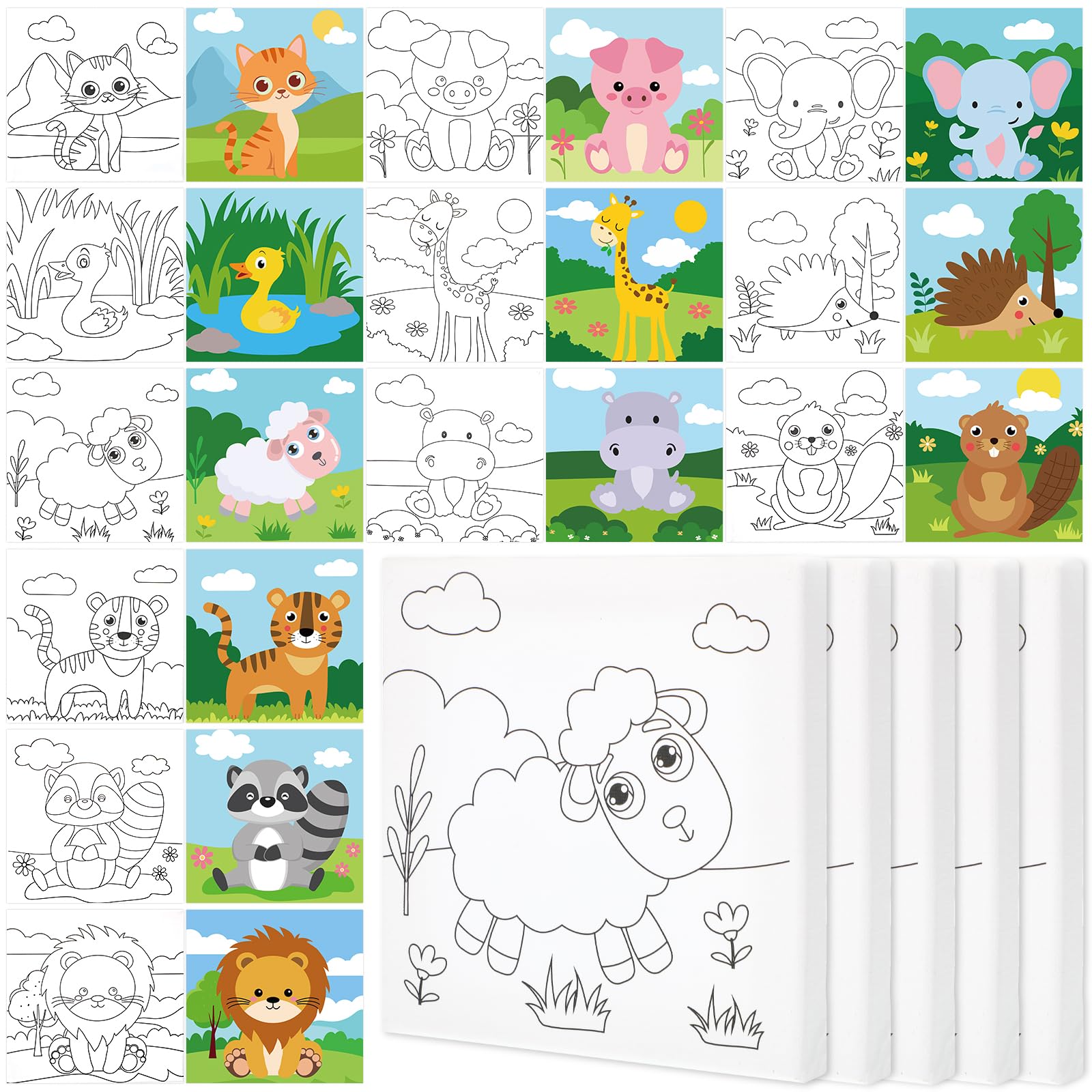 Teling 12 Pcs Pre Drawn Stretched Canvas Kit 6 x 6 x 0.6 Inches Pre Drawn Canvas for Painting for Adults Pre Printed Canvas Outline Canvas for Adult Kids DIY Painting (Animal)