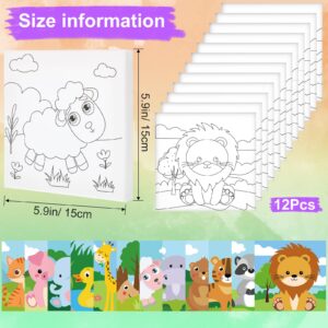 Teling 12 Pcs Pre Drawn Stretched Canvas Kit 6 x 6 x 0.6 Inches Pre Drawn Canvas for Painting for Adults Pre Printed Canvas Outline Canvas for Adult Kids DIY Painting (Animal)