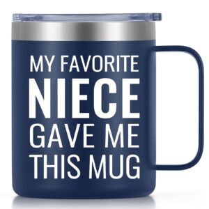 gingprous uncle gift aunt gift from niece, my favorite niece gave me this mug funny birthday christmas gifts for uncle aunt insulated coffee mug, 12 oz stainless steel coffee mug with lid, dark blue