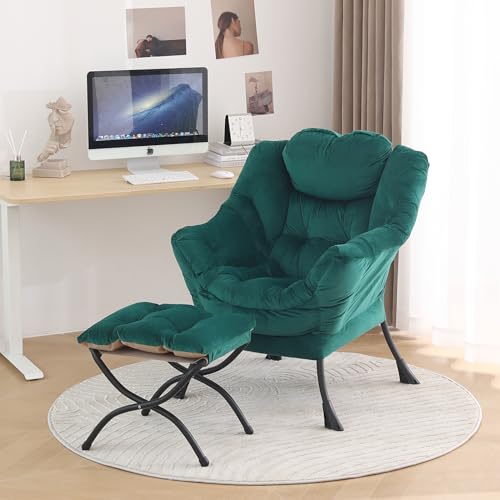 Tiita Lazy Chair with Ottoman, Modern Large Accent Lounge Chair, Leisure Sofa Armchair with Ottoman, Reading Chair with Footrest for Bedroom, Living Room, Dorm Rooms, Garden and Courtyard