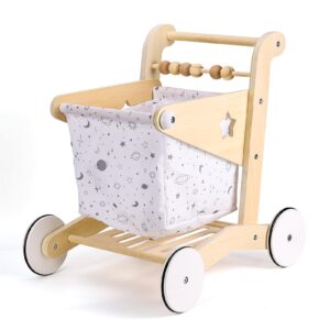 woodtoe wooden baby push walker doll stroller, adjustable speed shopping cart toddler toys, natural wood push and pull learning walker educational birthday toy for boys girls 1 2 3