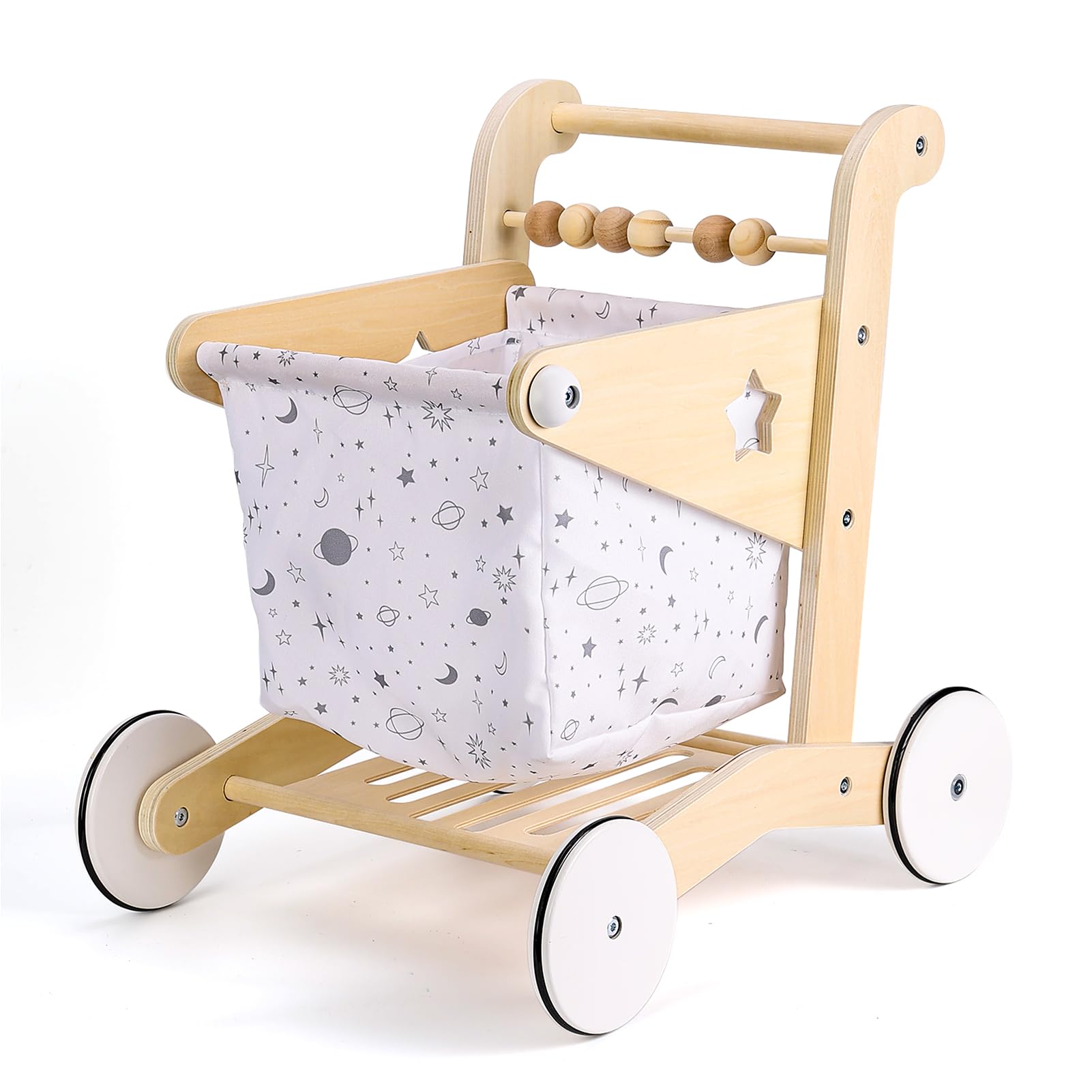 Woodtoe Wooden Baby Push Walker Doll Stroller, Adjustable Speed Shopping Cart Toddler Toys, Natural Wood Push and Pull Learning Walker Educational Birthday Toy for Boys Girls 1 2 3