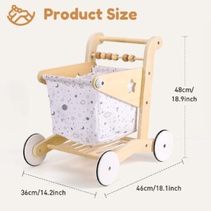 Woodtoe Wooden Baby Push Walker Doll Stroller, Adjustable Speed Shopping Cart Toddler Toys, Natural Wood Push and Pull Learning Walker Educational Birthday Toy for Boys Girls 1 2 3