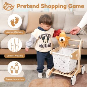 Woodtoe Wooden Baby Push Walker Doll Stroller, Adjustable Speed Shopping Cart Toddler Toys, Natural Wood Push and Pull Learning Walker Educational Birthday Toy for Boys Girls 1 2 3