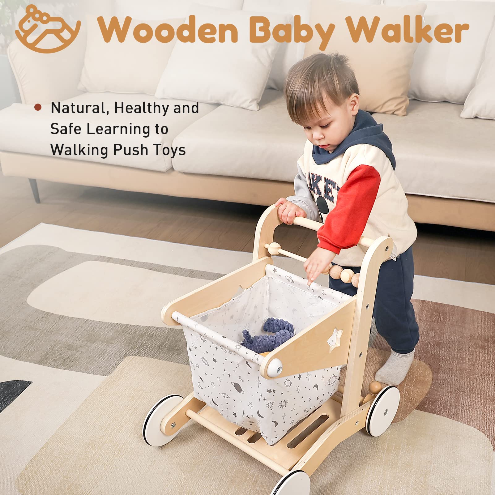 Woodtoe Wooden Baby Push Walker Doll Stroller, Adjustable Speed Shopping Cart Toddler Toys, Natural Wood Push and Pull Learning Walker Educational Birthday Toy for Boys Girls 1 2 3