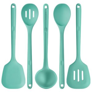 high heat resistant kitchen utensil: u-taste 13.6" silicone cooking tools gadgets set, food grade non stick solid and slotted turner spatula, mixing spoon, and soup ladle (5 pieces, aqua sky)