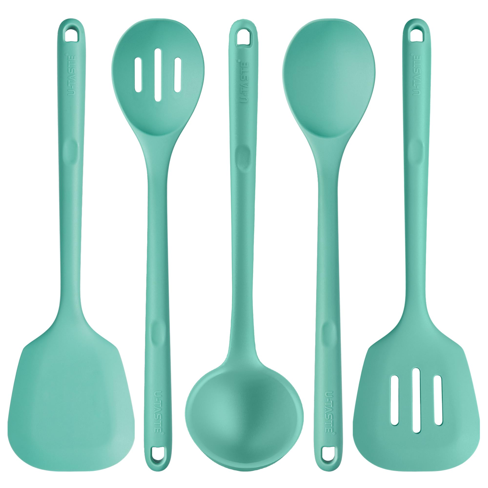 High Heat Resistant Kitchen Utensil: U-Taste 13.6" Silicone Cooking Tools Gadgets Set, Food Grade Non Stick Solid and Slotted Turner Spatula, Mixing Spoon, and Soup Ladle (5 Pieces, Aqua Sky)