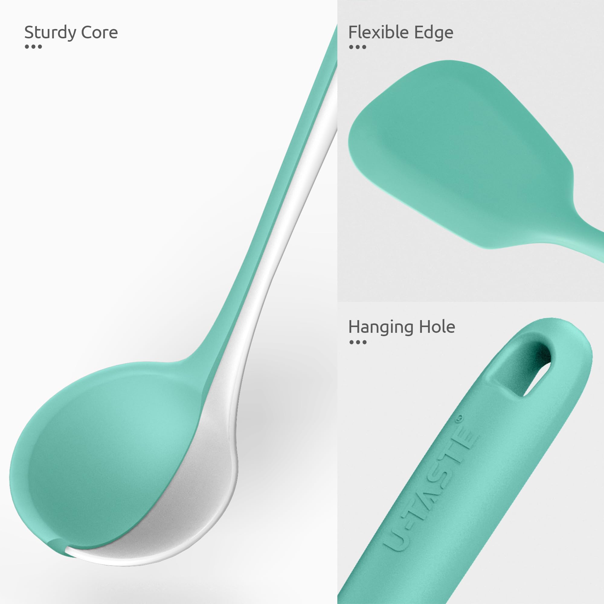 High Heat Resistant Kitchen Utensil: U-Taste 13.6" Silicone Cooking Tools Gadgets Set, Food Grade Non Stick Solid and Slotted Turner Spatula, Mixing Spoon, and Soup Ladle (5 Pieces, Aqua Sky)