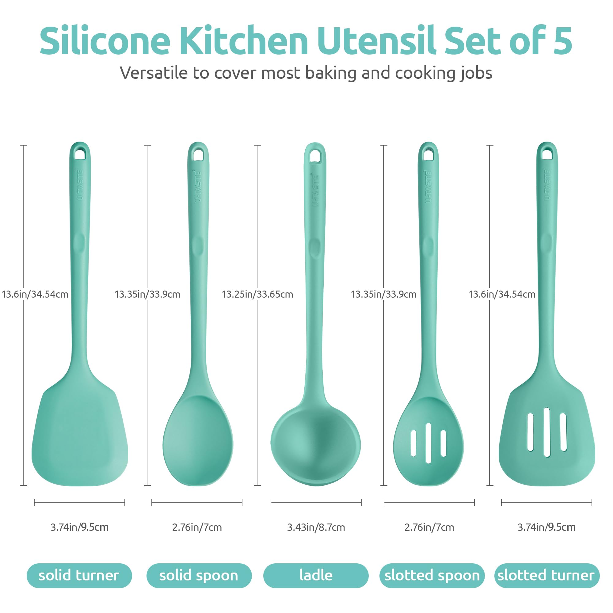 High Heat Resistant Kitchen Utensil: U-Taste 13.6" Silicone Cooking Tools Gadgets Set, Food Grade Non Stick Solid and Slotted Turner Spatula, Mixing Spoon, and Soup Ladle (5 Pieces, Aqua Sky)