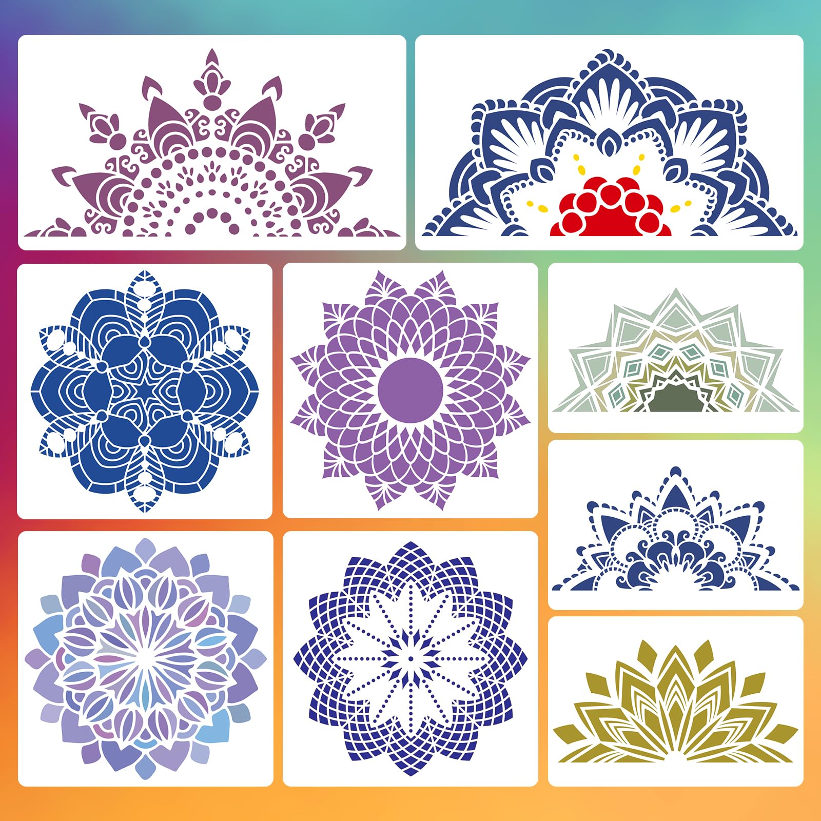 9 Pack Large Mandala Stencils for Painting Reusable Floral Mandala Drawing Stencils Mandala Painting Templates on Wood Floor Wall Tile Furniture Fabric Canvas Wood DIY Craft Art Supplies Home Decor