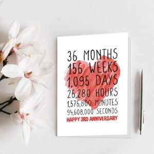 Qiliji Happy 3rd Anniversary Card for Him Her, Third Wedding Anniversary Card for Husband Wife, Funny 3 Year Together Anniversary Greeting Card