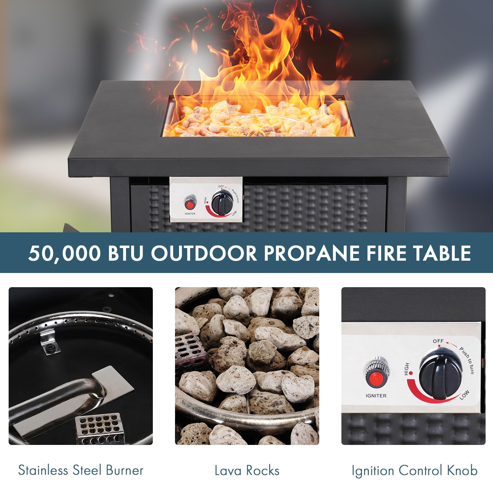 Propane Fire Pit Table, Outdoor Gas Fire Pits Clearance, 30 Inch 50,000 BTU with Tabletop, Lid, Lava Rocks for Outside Patio, Garden, Deck, Yard