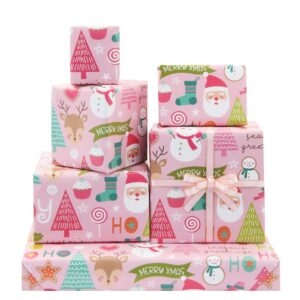 vintage baby pink merry christmas xmas wrapping paper 6 sheets with matched pink color ribbon folded flat 20x28 inches per sheet for kids girls boys women unique xmas decorative paper and holiday gift