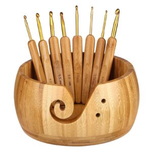 yarn bowl holder, wooden craft knitting bowl for crochet with 8pcs metal hooks, 6.7"crochet storage organizer knitting accessories (bamboo)