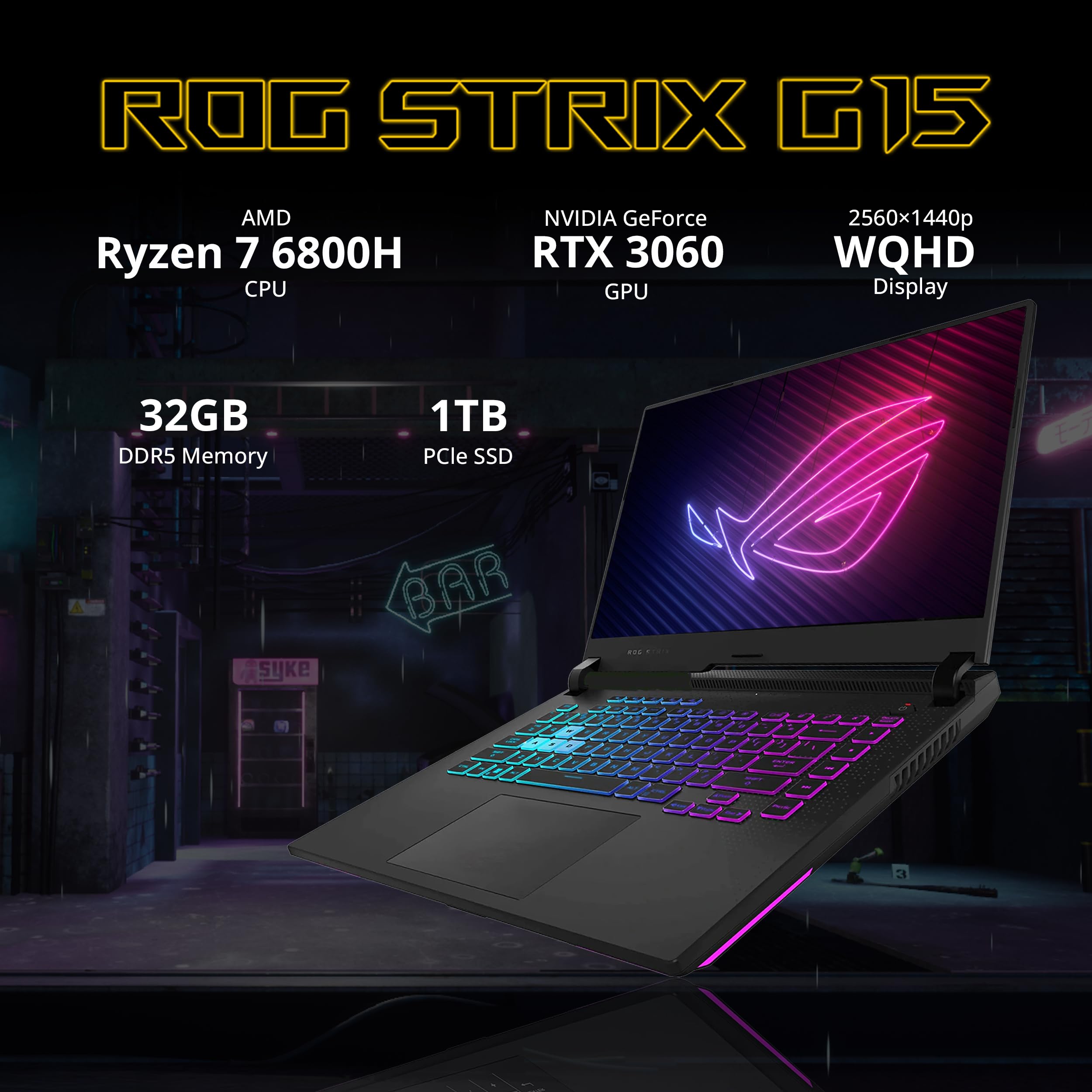 Asus ROG Strix G15 Gaming Laptop, 15.6/inches WQHD 165Hz IPS Display, AMD Ryzen 7-6800H, 32GB DDR5, 1TB SSD, RGB Backlit Keyboard, GeForce RTX 3060 6G, Win 11 Pro, WI-FI 6, Gray, 32GB USB Card