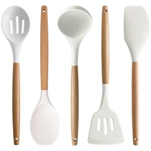 iocbyhz silicone kitchen utensils set of 5, cooking utensils set with heat resistant wooden handle non-stick silicone spatula spoon turner ladle set, bpa free kitchen gadgets utensil set for cookware