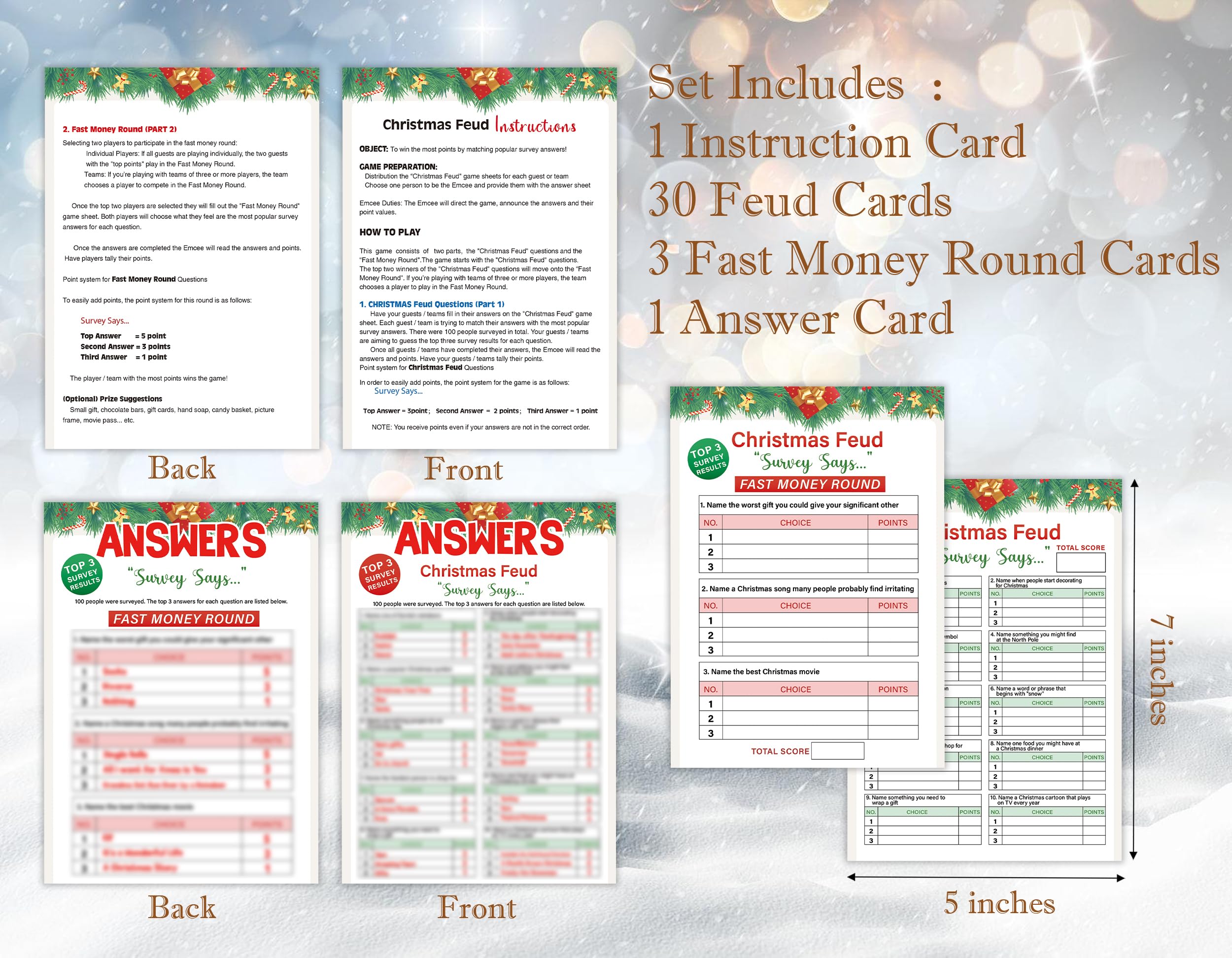 Christmas Feud Games, Feud Trivia Quiz, Party Games for Adults, Family Activities, Baby Shower Game, 30 Feud Cards and 3 Fast Money Round Cards, Winter Party Supplies-LQ5